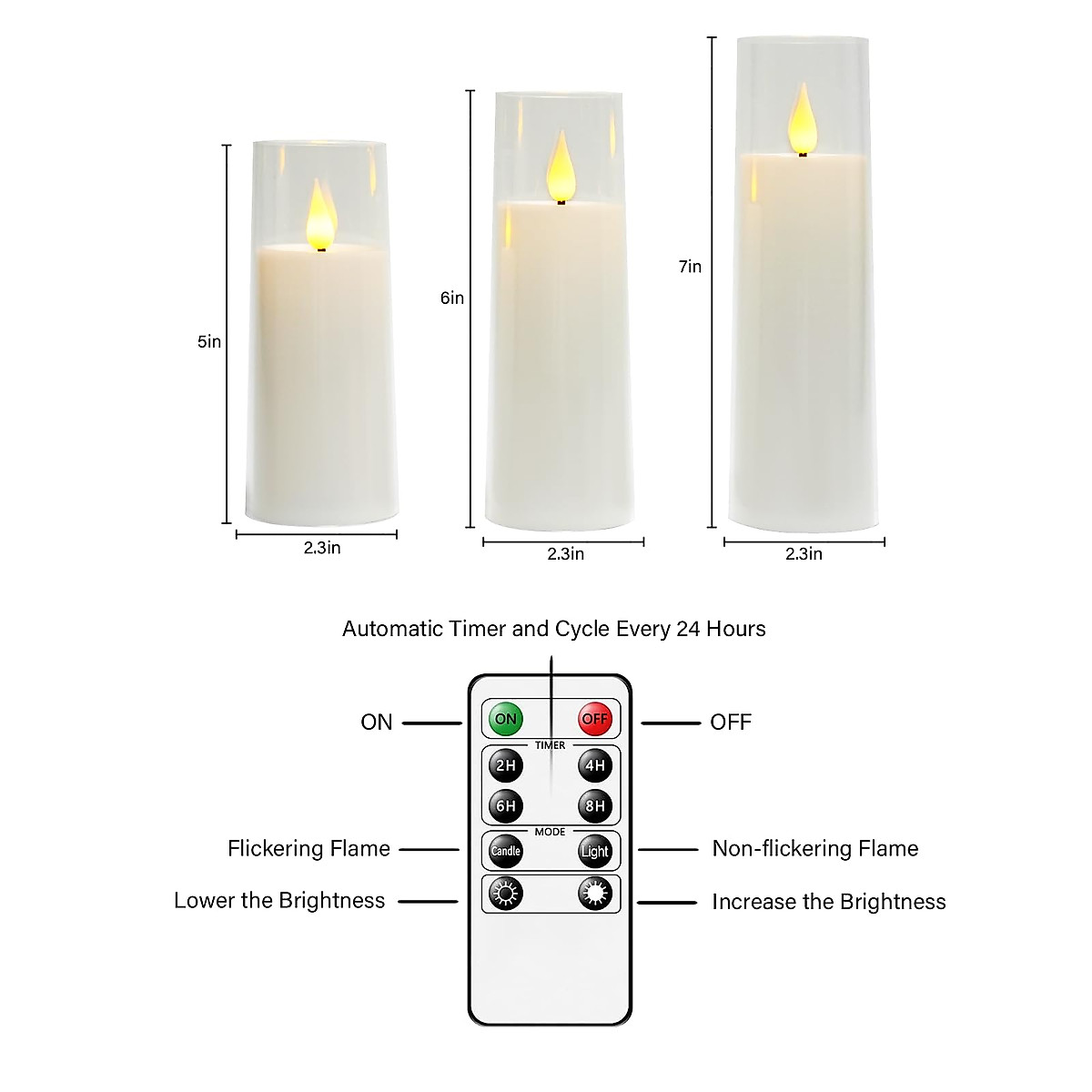 Obrldpao White Flameless Candles with Remote,Led Candles 9 Pc (D2.3 xH 5" 6" 7") Flameless Pillar Candles,Battery Operated Candles，Table Decoration Plexiglass Flickering Flameless Candles(White)