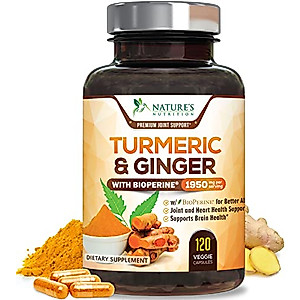 Turmeric Curcumin with BioPerine & Ginger 95% Standardized Curcuminoids 1950mg - Black Pepper for Max Absorption, Natural Joint Support, Nature's Tumeric Extract Supplement Non-GMO - 120 Capsules