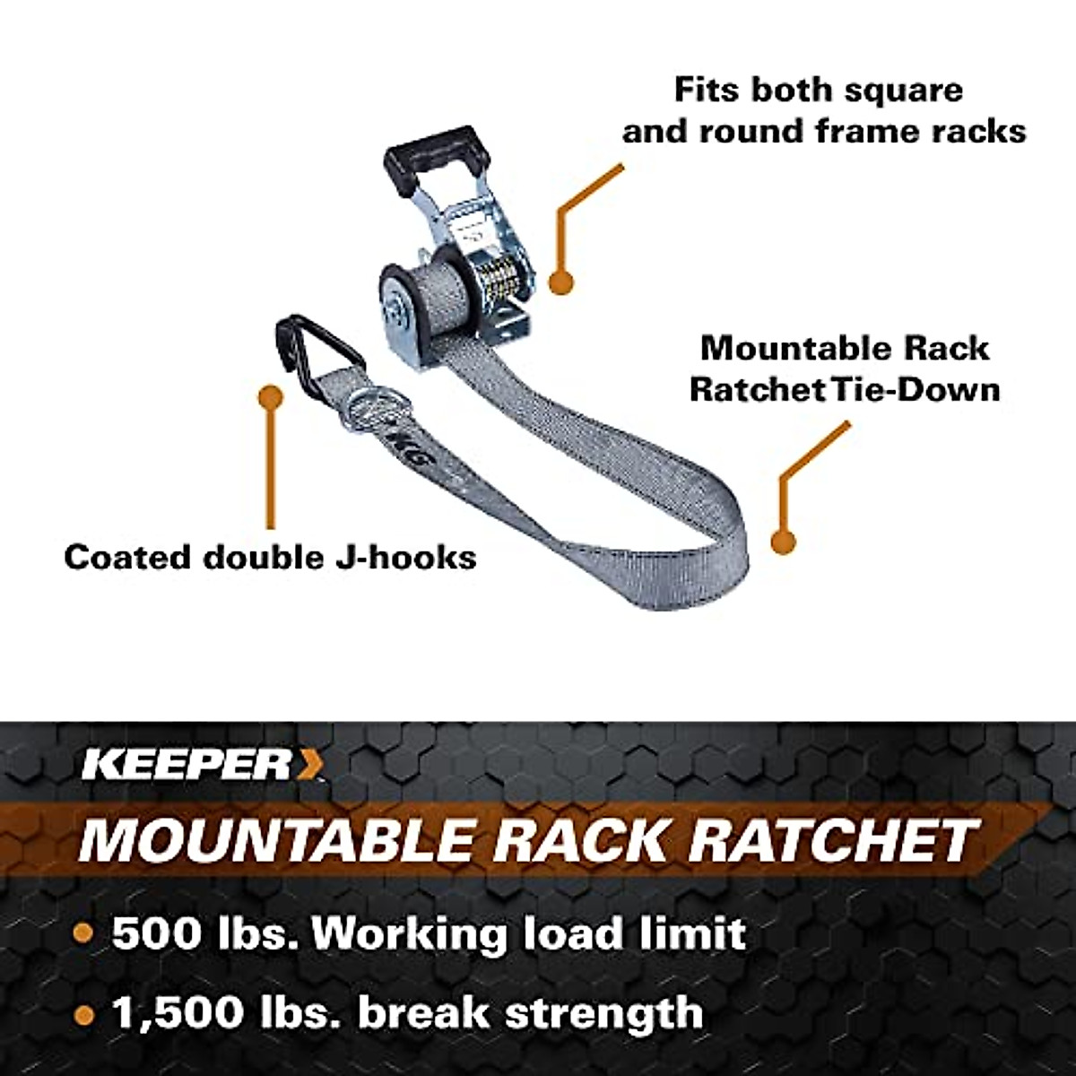 Keeper 05530-3 1-1/2" x 8’ Mountable Rack-Ratchet with 500 lbs. Working Load Limit and 1,500 lbs. Break Strength