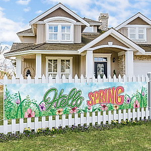 Probsin Hello Spring Banner Decorations Large Outdoor Happy Holiday Yard Sign Seasonal Party Supplies 120" x 20" Welcome Backdrop Nature Floral Flowers Home Decor Vivid Colors Vibrant Fabric Polyester with Brass Grommets for Outside Indoor Garden Fence Ga