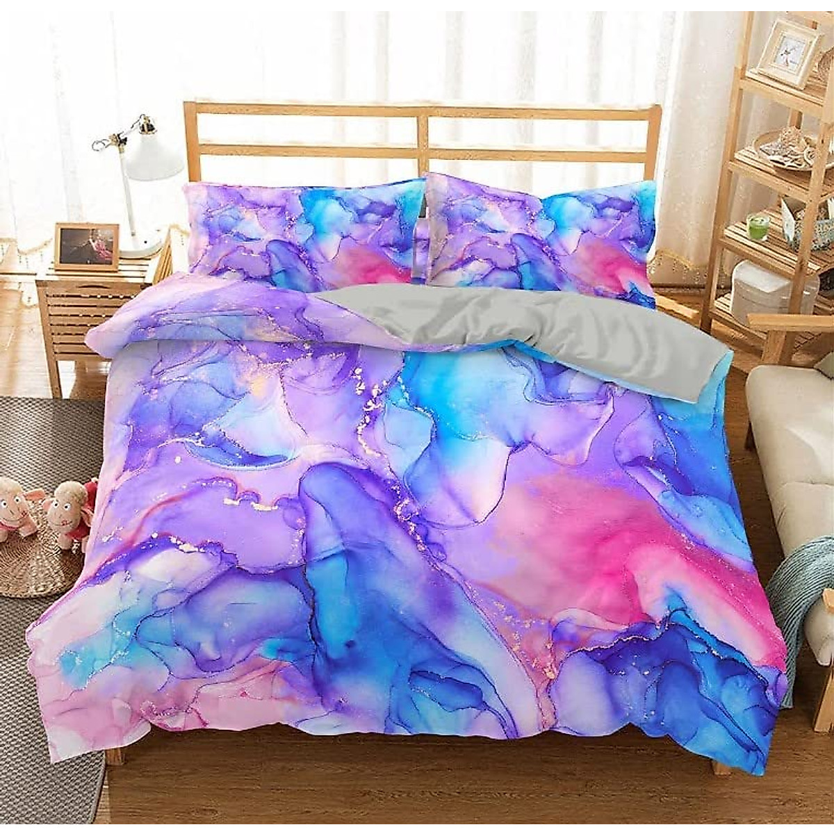 Jingzhang Tie Dye Bed Set Colorful Marble Teen Girl Bedding Watercolor Pastel Pink Blue Purple Duvet Cover Set Marble Abstract Kids Bed Set 3 Piece Bright Girly Bedspreads (King)