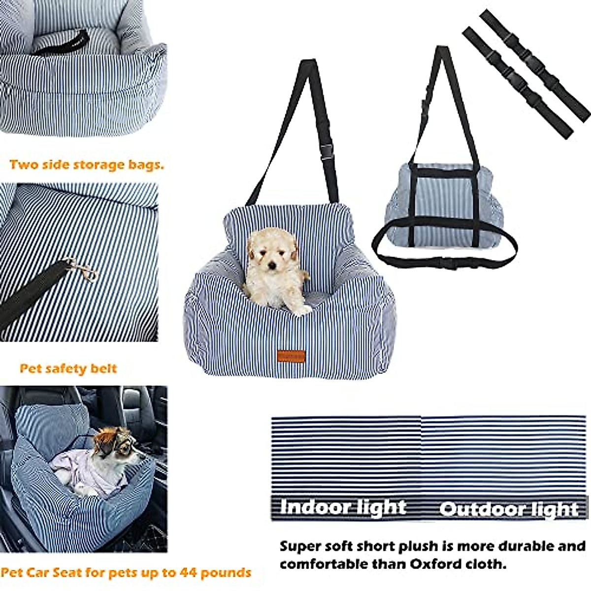 Dog Booster & Car Seats Pet Dog Car Seat Pet Booster Seat for Small Pet Under 44 lbs Travel Safety Car Seat Dogs Cats Bed for Car with Storage Pocket and Harness Strap (Blue Striped)