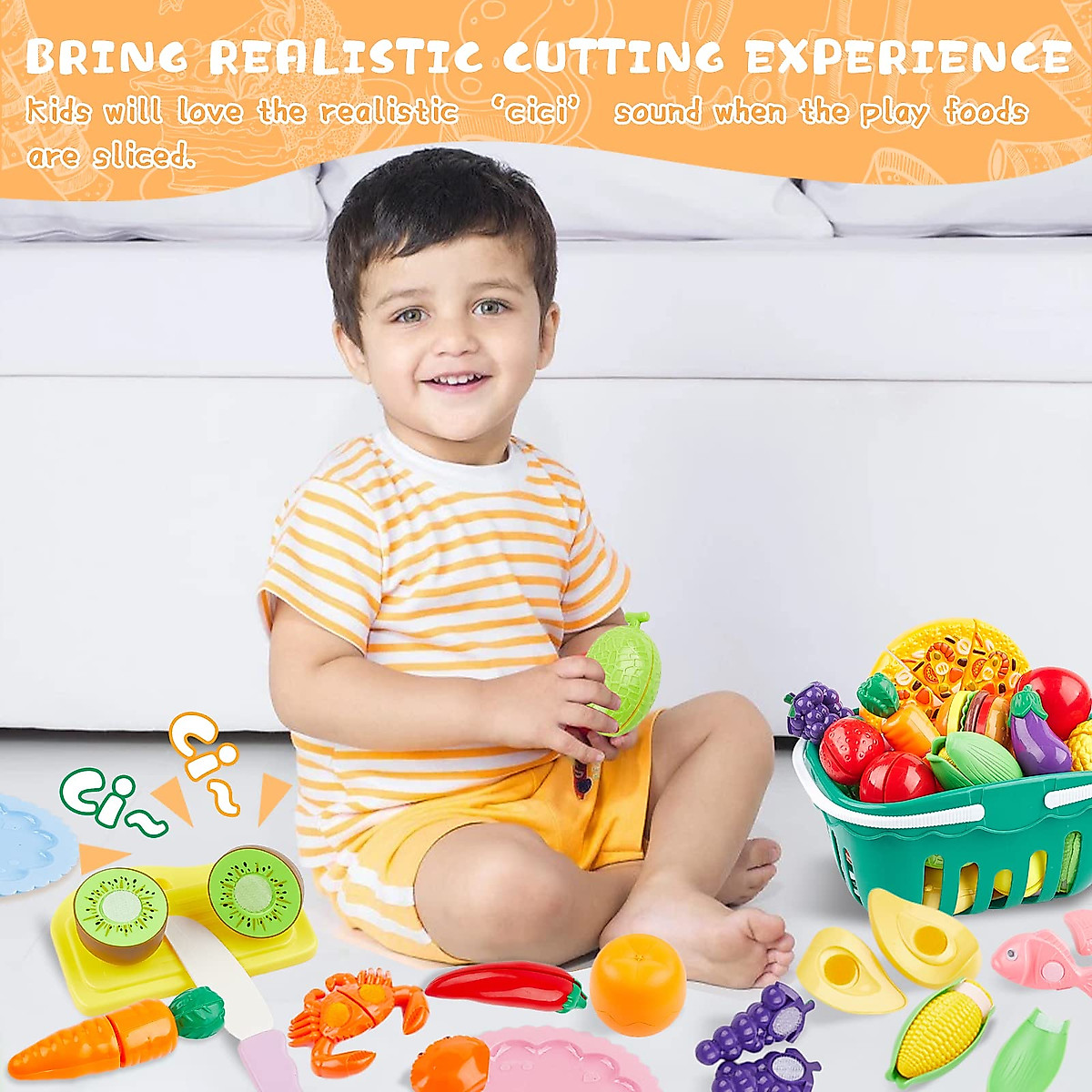 FLMRIOY 77 Pcs Cutting Play Food Toys for Kids Kitchen Accessories Peel & Cut Fruits and Vegetables Pretend Role Play Set with Storage Basket Fake Food Toys for Toddlers Children's Day Gift