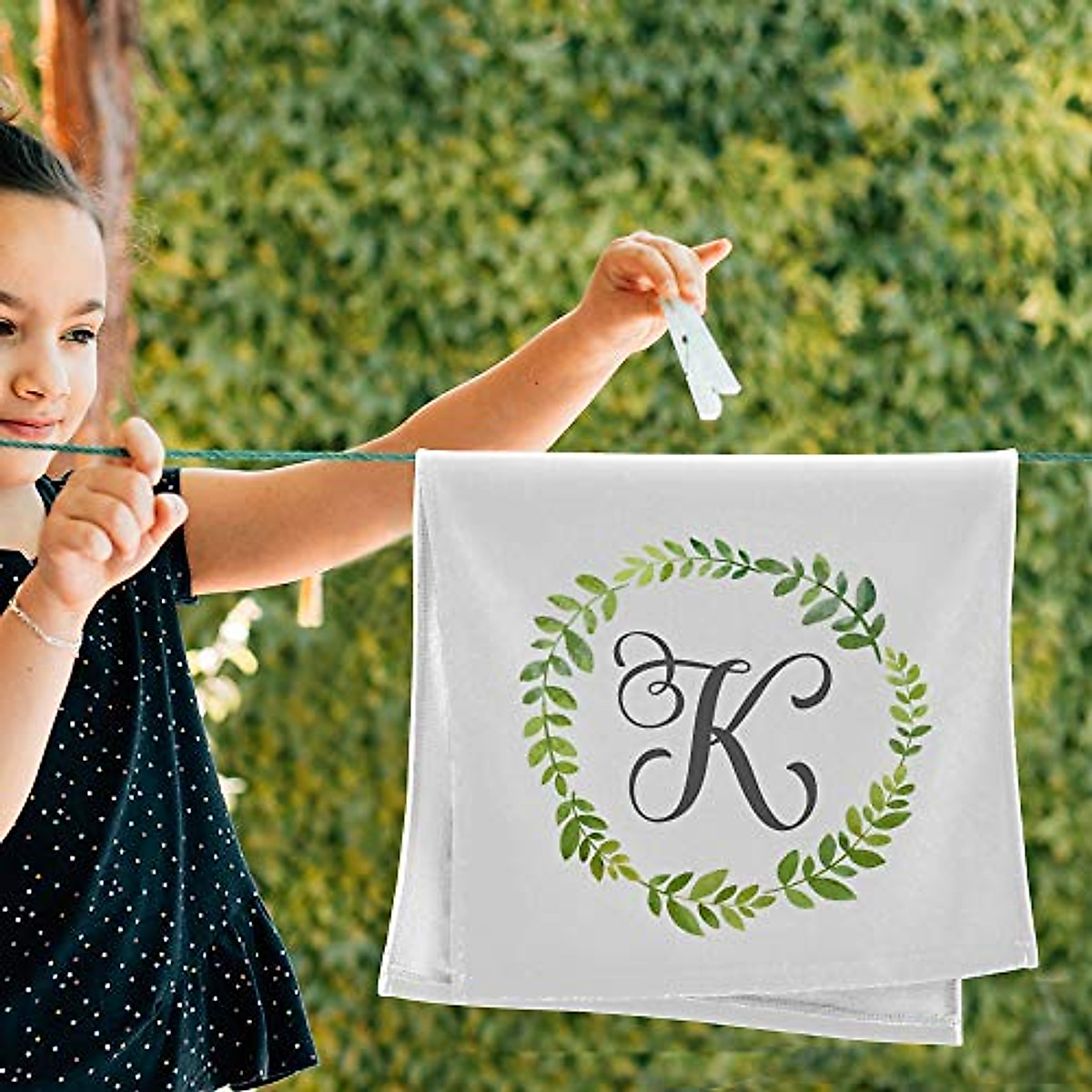 Oreayn Monogrammed Hand Towel for Bathroom Kitchen Beach Polyester Cotton Set of 2 Green Leaves Frame Wreath Fingertip Towel Soft Absorbent 28.3 x 14.4 Inch, Monogram Letter K