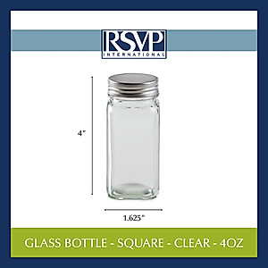RSVP International Kitchen Storage Collection Glass Spice Jars, Square, 4-Ounce, Clear/Stainless Steel