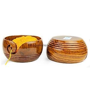Solid Teak Wood Crafted Wooden Yarn Ball Storage Bowl with Spiral Yarn Dispenser & Decorative Rings | Knitting Crochet Accessories | Nagina International (Rosewood, Small)
