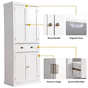 LOUVIXA 72" Kitchen Pantry Storage Cabinet, Freestanding Cupboard with 2 Cabinets, Drawer and Adjustable Shelves, Tall Storage Cabinet for Kitchen, Dinning Room, Living Room (White)