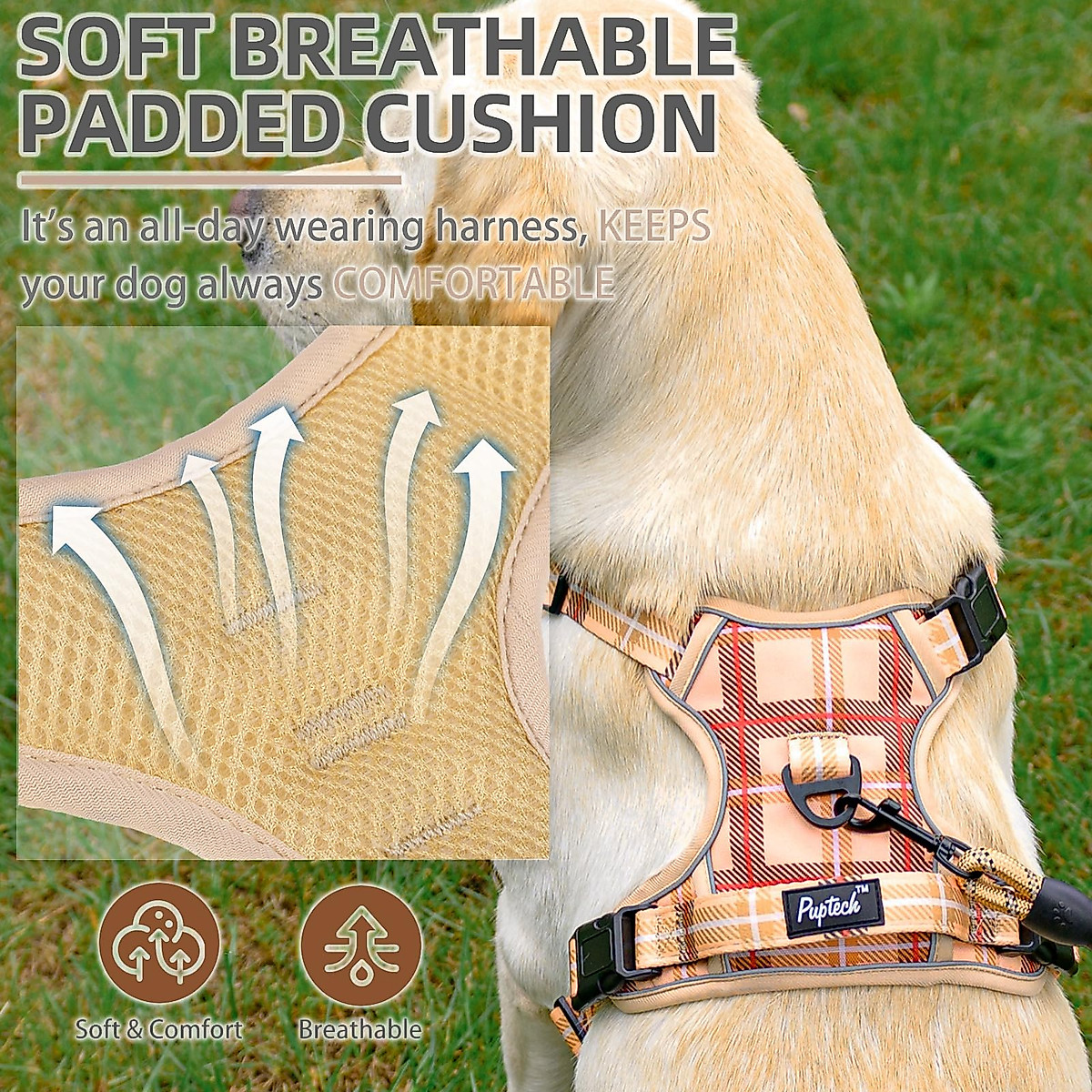 PUPTECK No Pull Dog Harness and Leash Set with Handle Reflective Adjustable Padded Vest Escape Proof for Small Medium Large Dogs Walking Training Hiking, Plaid Beige L
