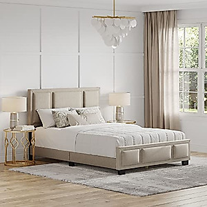 Boyd Sleep Triptych Platform Bed Frame with Fabric Upholstered Headboard and Wooden Slats Supports; Box Spring NOT Required, Linen, Beige, Queen