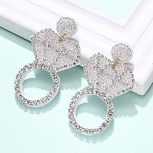 Rhinestone Wedding Bridal Earrings for Women Handmade Wedding Diamond Ring Beaded Drop Earrings Fun Statement Engagement Ring Dangle Earrings Bachelorette Party Jewelry Gifts