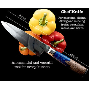 Damascus Kitchen Knife Set 3 piece, 67 Layer Handmade Damascus VG10 Steel Core Forged, 8" Chef Knife, 7,5" Serrated Knife, 5" Utility Knife, Resin Wood Handle, Gift Box Included