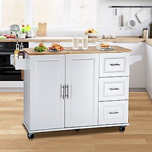 Unovivy Large Kitchen Island Cart with Drop Leaf, Kitchen Island with Storage, Rolling Kitchen Island with Adjustable Shelf Inside Cabinet, 3 Drawers, Spice Rack, Towel Rack and Wood Table Top(White)