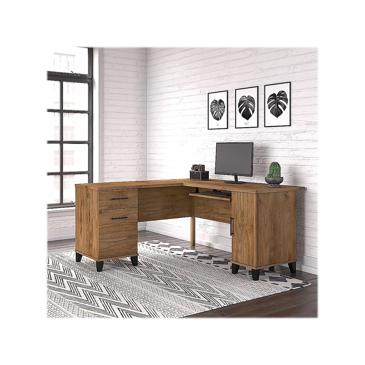 Bush Furniture Somerset L-Shaped Desk with Storage | Study Table with Drawers in Fresh Walnut | Home Office Computer Desk with Cabinets and Pullout Keyboard/Laptop Tray