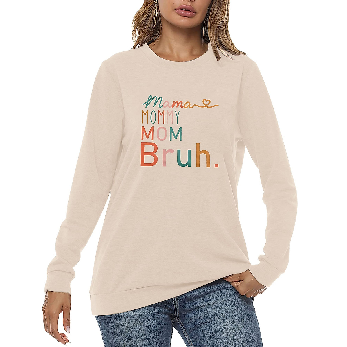 BLANCHES Mama Sweatshirt Women Mama Mommy Mom Bruh Funny Mom Life Sweatshirts Pullover Tops Casual Loose Long Sleeve Shirt Apricot