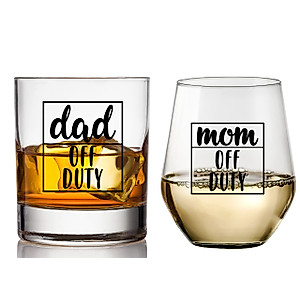Mom Off Duty Dad Off Duty Wine and Whiskey Glass Set - First Time Parents Gifts - New Parents Gifts For Couples - Gender Reveal Gift For Mommy and Daddy - Best Gift for expecting Mother and Father