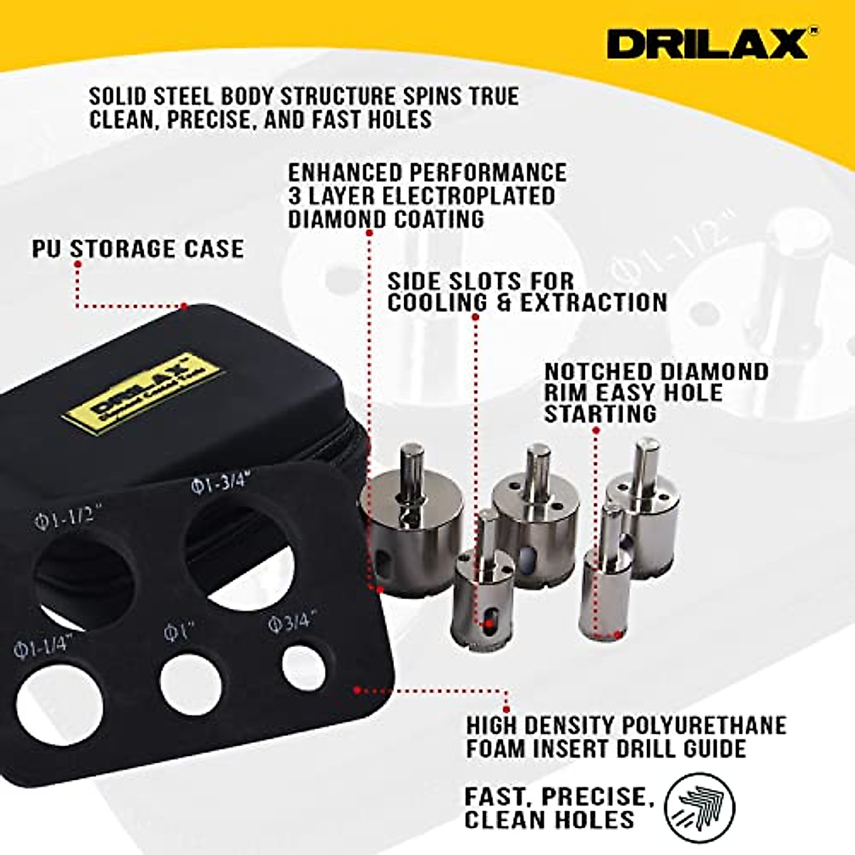 DRILAX Diamond Hole Saw Set 3/4 inch, 1 inch, 1-1/4, 1-1/2, 1-3/4 Inch Extra Long Cuts with Insert Guide Included 5 PCS Diamond Drill Bit Tile Ceramic Porcelain Glass Granite Quartz