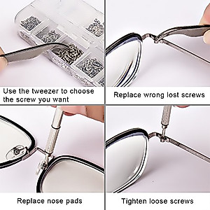 Sunglasses Eyeglasses Repair Kit, 1100PCS Tiny Stainless Steel Screws and 5 Pairs Nose Pads with Micro Screwdriver Tweezer for Watch Clock Spectacle Eye Glass Repair
