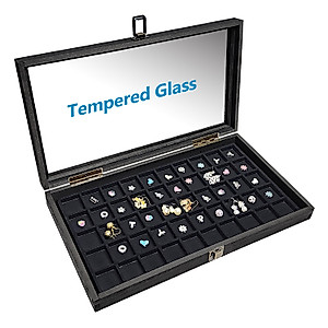 MOOCA Natural Wood Tempered Glass Top Jewelry Display Case Accessories Storage Box with Metal Clasp & Removable 50 Compartment Flocked Tray Liner, Wooden Jewelry Tray for Collectibles, Black