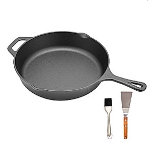 WANGYUANJI Cast Iron Grill Pan,10Inch Non-coating Frying Pan,Multi-Functional Pan for Bake,Fry,Stir-Fry,Sauté,Suitable for Outdoors with Oil Brush and Spatula