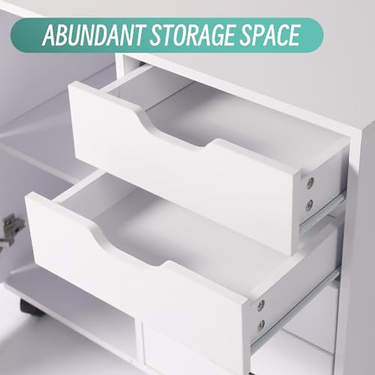 Rotihom 5 Drawer File Cabinet, Wood Mobile Lateral File Cabinet for Home Office Bedroom, 31 Inch Printer Stand with Storage on Wheels, Mobile Office Shelf with 2-Compartment Cabinet (White)