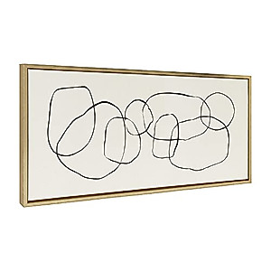 Kate and Laurel Sylvie Dancing Circles Framed Linen Textured Canvas Wall Art by Teju Reval of SnazzyHues, 18x40 Gold, Neutral Abstract Wall Decor