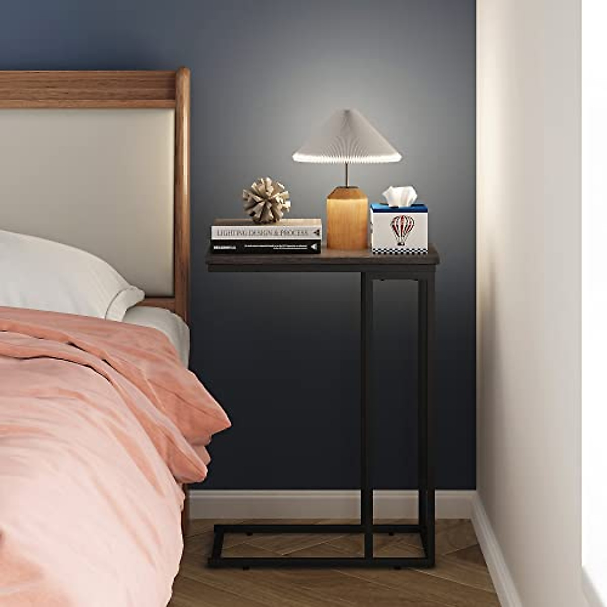 Yusong Small C Shaped End Table, Slim Narrow Couch Side Tables Slide Under Sofa Bed, Skinny Snack Tray Table for Coffee Laptop in Living Room,Easy Assembly,Grey