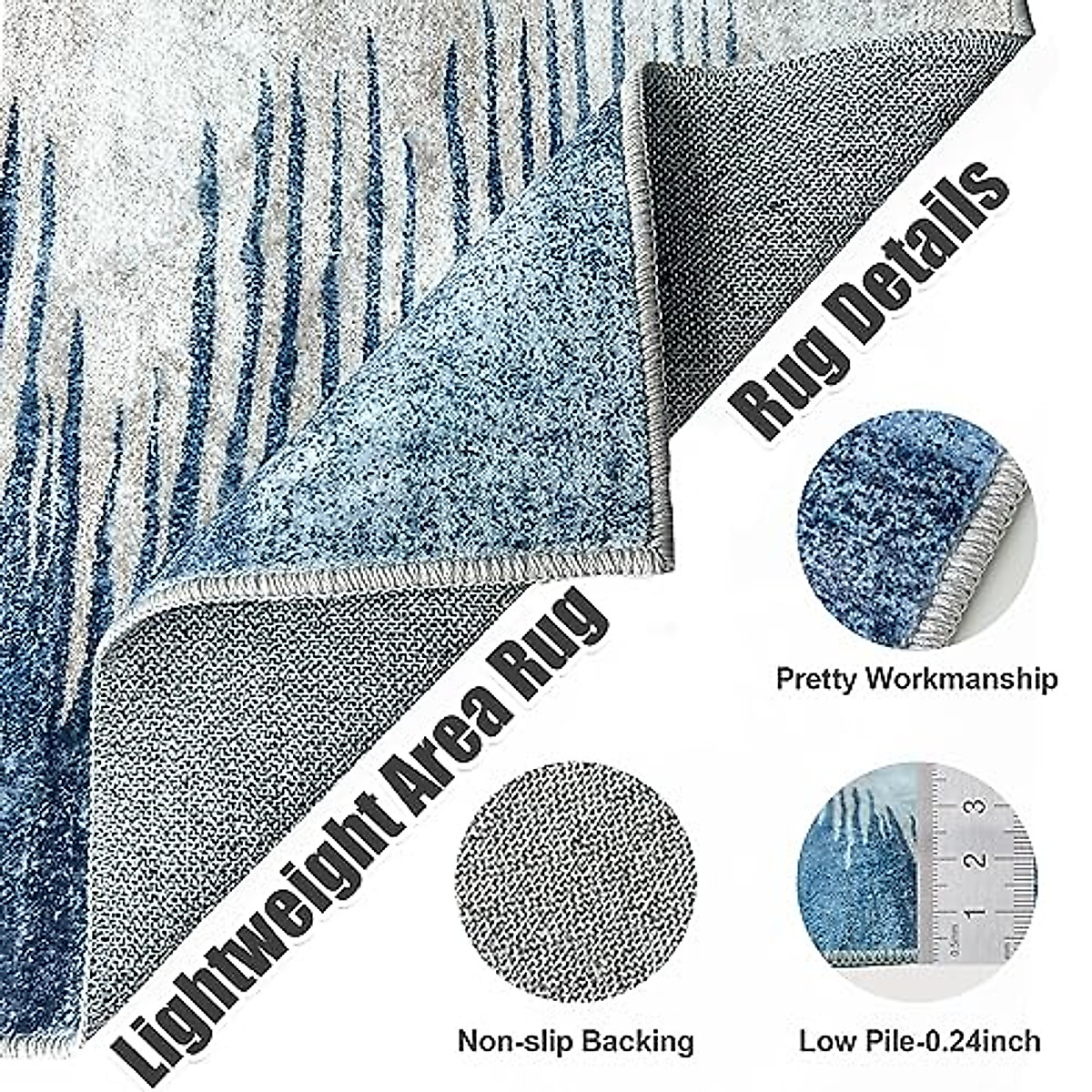 VKLIVING Washable Area Rug 9'x12' Abstract Thin Living Room Non Slip Bedroom Soft Low Pile Machine Washable Lightweight Large Area Rug, Blue&Beige