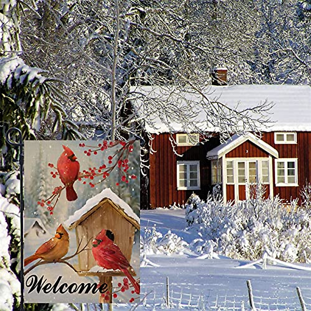 Artofy Welcome Winter Cardinals Red Birds Home Decorative Garden Yard Flag, Birdhouse Berries Tree Branches Outside Decor, Christmas Snow Farmhouse Outdoor Small Seasonal Decoration Double Sided 12x18