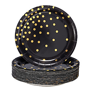 CENLBJ Black and Gold Party Supplies, Black Paper Dessert Plates for Birthday Graduation (50-Count)