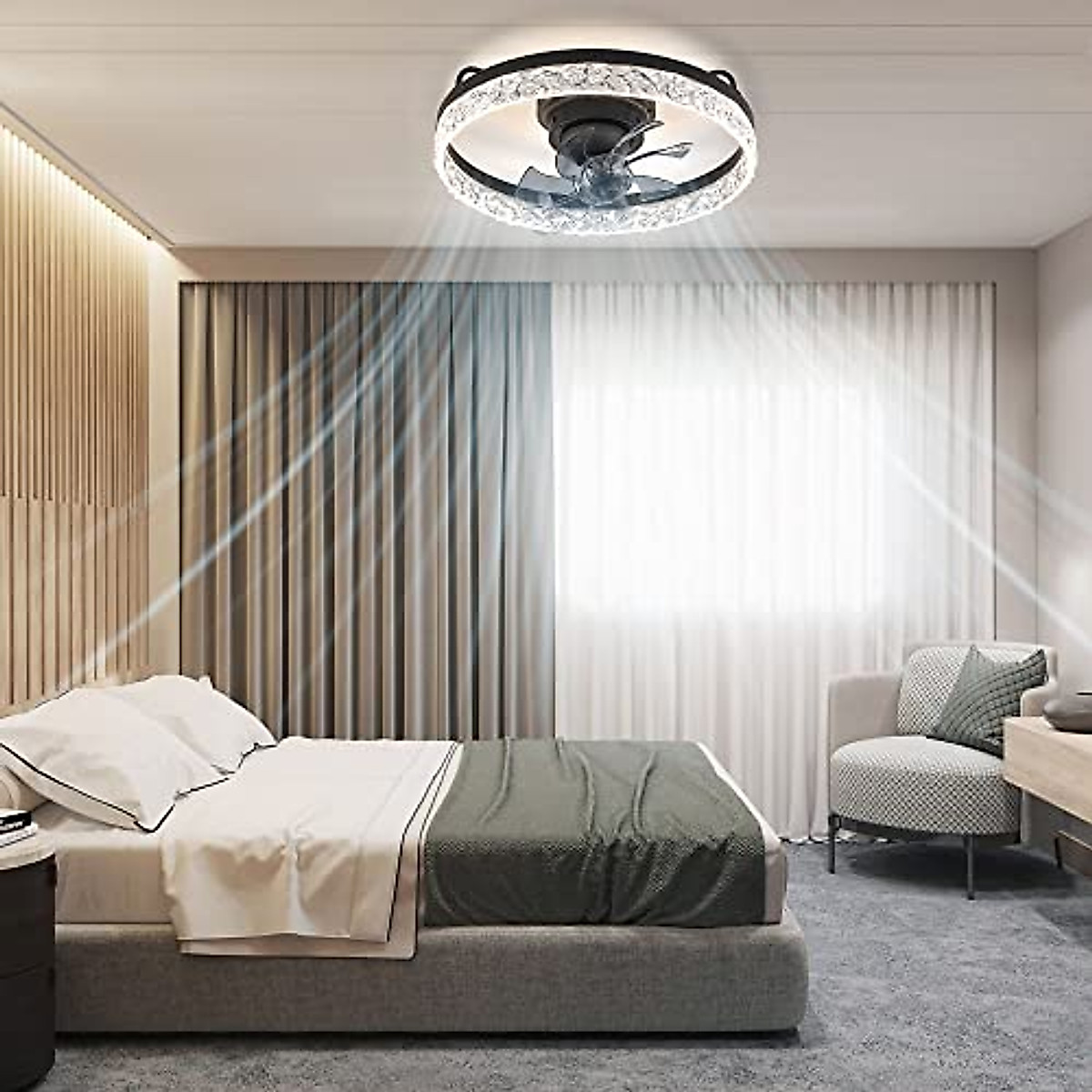 LEDIARY 20 Inch Modern Ceiling Fans with Lights and Remote, Oscillating Low Profile Ceiling Fan, Flush Mount Bladeless LED Ceiling Fan, Dimmable, Stepless Color Changeable, 6 Wind Speeds - Black