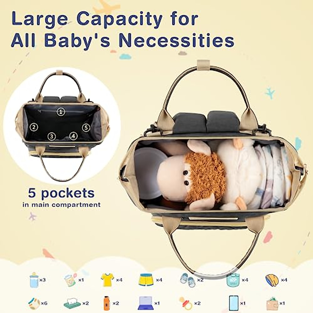 Xexxvre Diaper Bag Backpack, Multifunction Travel Back Pack Maternity Baby Changing Bags, Baby Bags for Boys Girls, Large Capacity, Waterproof and Stylish-Light black