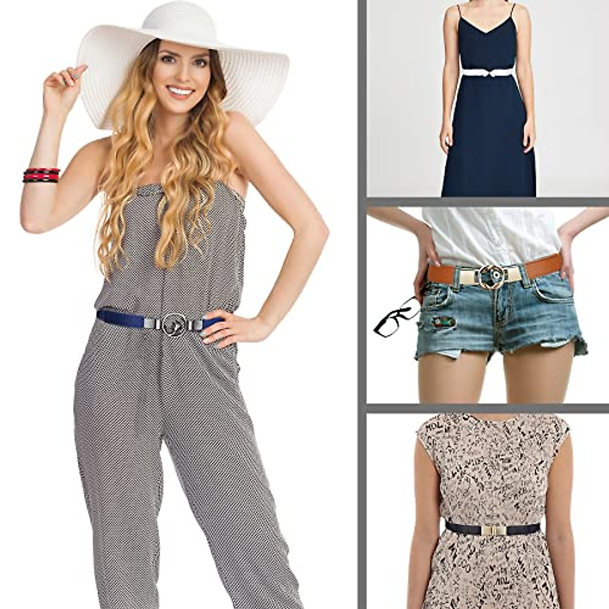 EAONE Skinny Waist Belts for Women 5 Pack, Fashion Stretchy Retro Elastic Leather Belts for Dresses