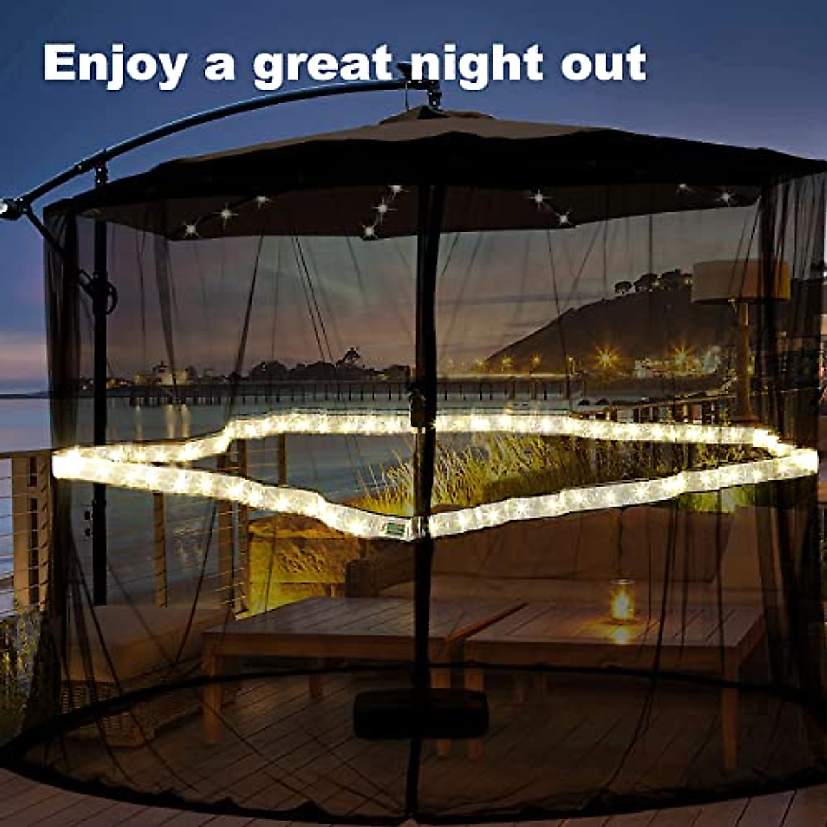 DOOSARG 7.5-10FT Umbrella Netting for Outdoor Umbrellas, Patio Umbrella Mosquito Netting with Led Strip Lights, Adjustable Rope, Fits 9Ft Outdoor Table Umbrellas (Black)