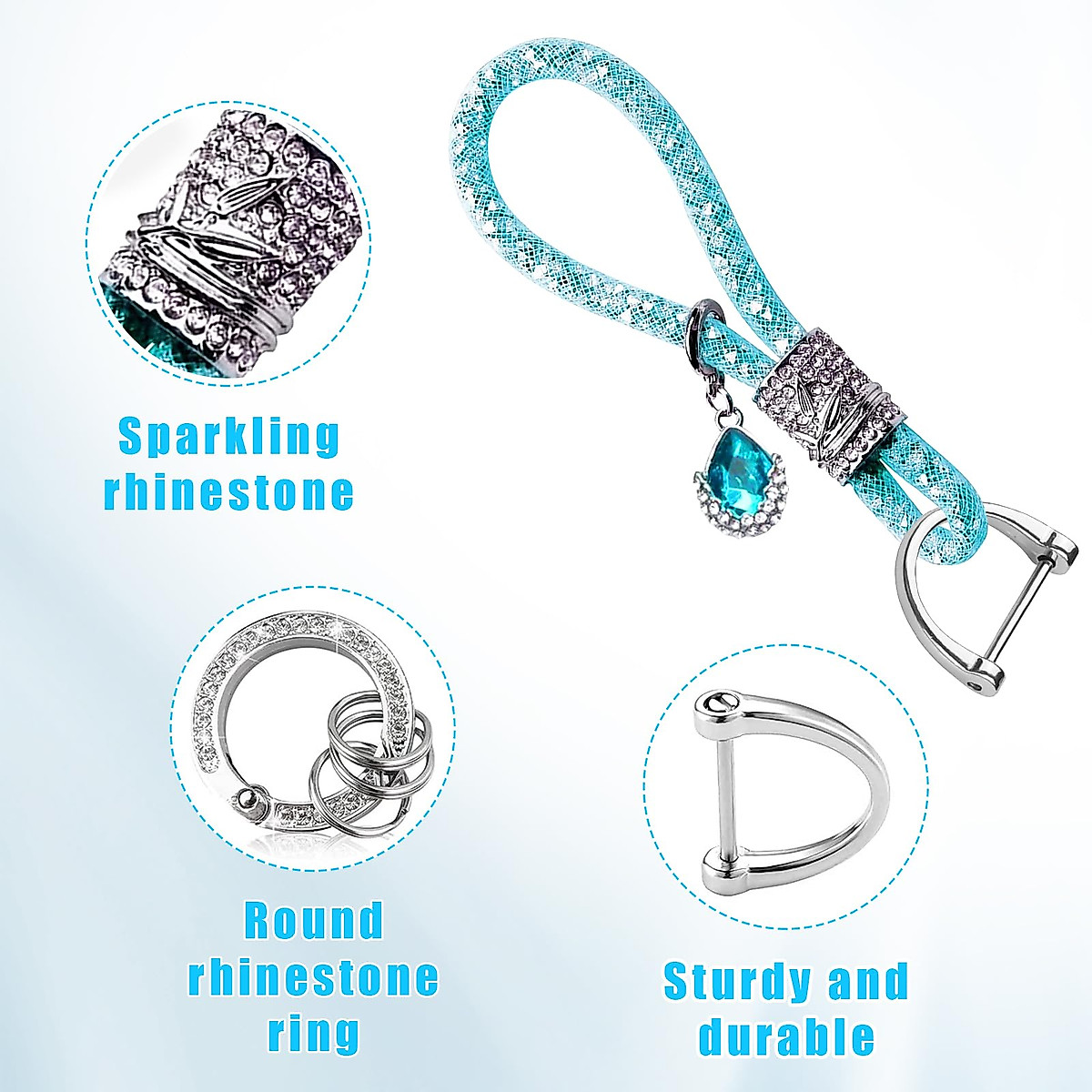 Ziciner Bling Crystal Car KeyChains for Women & Girls, Car Key Chain Glitter Key Ring, Universal Bling Key Chain Accessories (Light Blue)