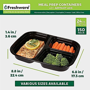 Freshware Meal Prep Containers [150 Pack] 3 Compartment with Lids, Food Storage Containers, Bento Box, BPA Free, Stackable, Microwave/Dishwasher/Freezer Safe (24 oz)