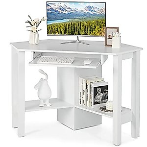 Tangkula Corner Desk with Keyboard Tray, Triangle Corner Computer Desk for Small Space, Bedroom Corner Makeup Vanity Desk with Storage Shelves, Space Saving Corner Writing Desk