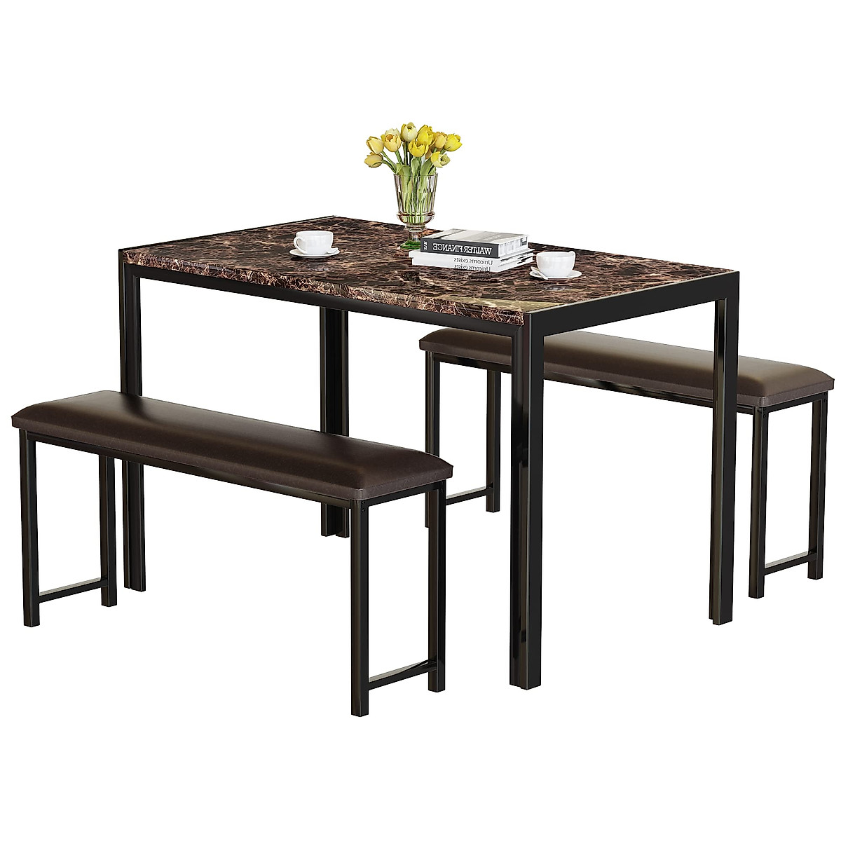 Lamerge Kitchen Tables Set for 4, Dining Faux Marble Table and 2 PU Leather Upholstered Bench, 3 Piece Dining Room Table Set for Small Space, Breakfast Nook and Apartment, Brown (Dining Table016)