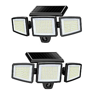 Outdoor Solar Powered Flood Lights with Movement Detection, 210 LED 2500LM 6500K, IP65 All-Weather Resistance, 3 Adjustable Heads, 270° Wide Angle, Light for Garage Patio Porch Garden Yard - 2 Pcs