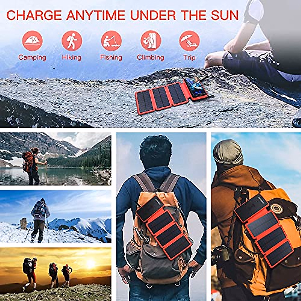 POWOBEST Solar Phone Charger,Solar Charger Power Bank,Outdoor Solar Cellphone Power Bank,High-Speed Charging，Portable Power Bank，20000mAh Wireless Portable Solar Power Bank,Solar Panel Charging(Red)