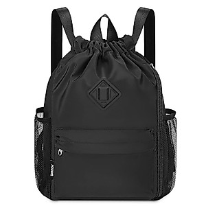 WANDF Drawstring Backpack Sports Gym Bag with Shoes Compartment, Water-Resistant String Backpack Cinch for Women Men (Small,Black)