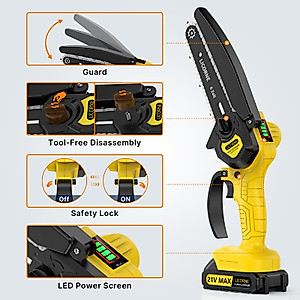 Mini Chainsaw, 6-INCH Electric Cordless Mini Chainsaw, 2Pcs 2000MAH Rechargeable Battery Small Handheld Portable Chain Saw Pruning Shears for Tree Branches/Wood Cutting/Gardening/Camping