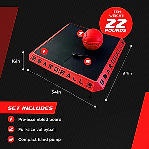 Boardball Sport Portable Foldable Indoor Outdoor Boardball Game Set with Rubberized Top Surface Board, Volleyball, and Hand Pump, Red and Black