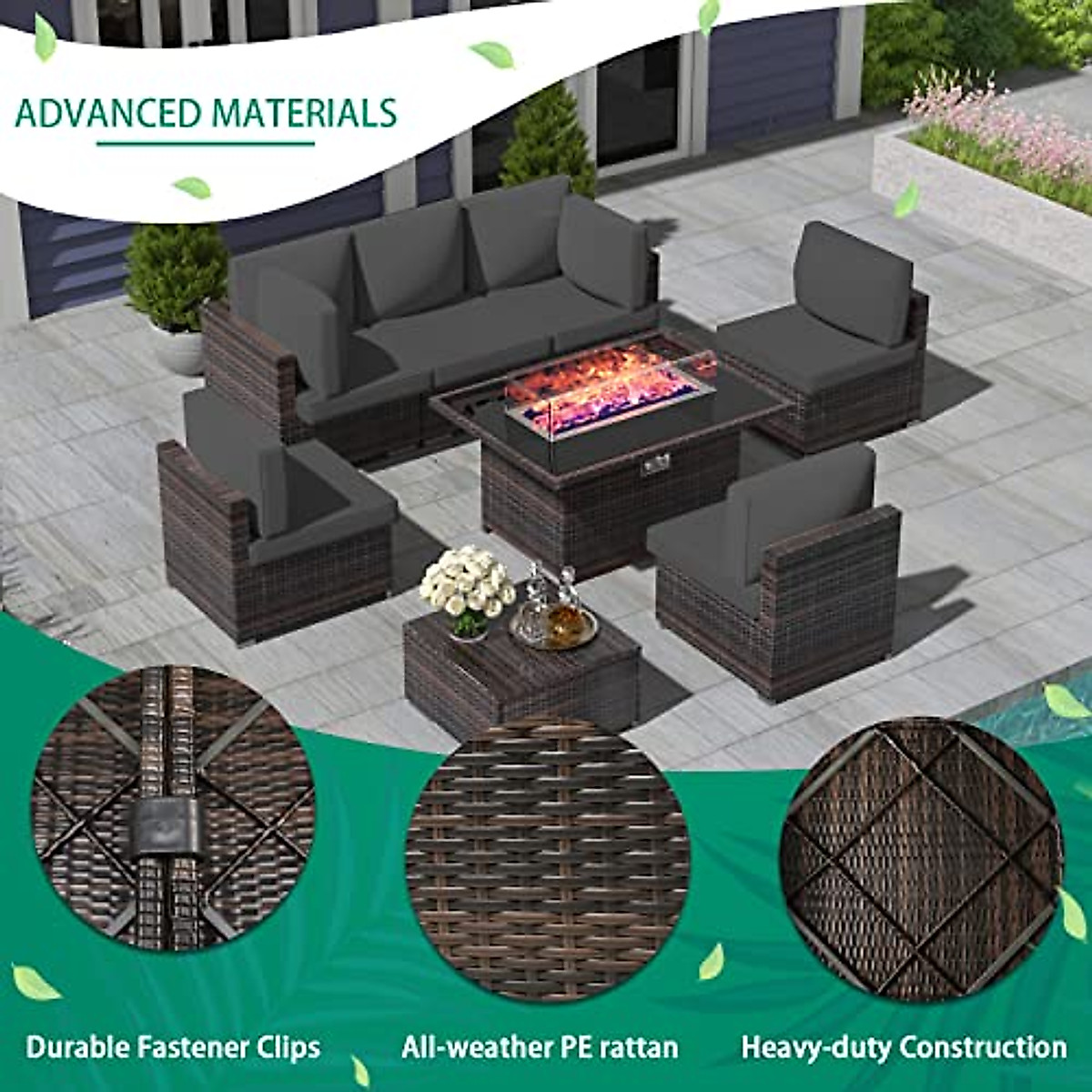 VIVIJASON 8 Pieces Patio Furniture Sectional Sofa Sets with Fire Pit Table, Outdoor PE Wicker Rattan Conversation Sets with 44" Rectangular Propane Gas Fire Pit 50,000 BTU and Grey Cushion