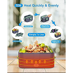 Dosevita Electric Lunch Box for Adults, 1.8 Large Heated Lunch Box, Faster Heating 3 in 1 Lunch Box Warmer Portable for Work/Car/Truck with Spoon & Fork, Carry Bag and 2 Cleaning Sponges