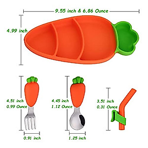 SETFLAGS Toddler Plates with Suction, Silicone Suction Plates for Baby, Cute Carrot Divided Plates and Utensils Set, Non Slip, BPA Free, Feeding Set for 1-5 years old, Microwave Dishwasher Safe