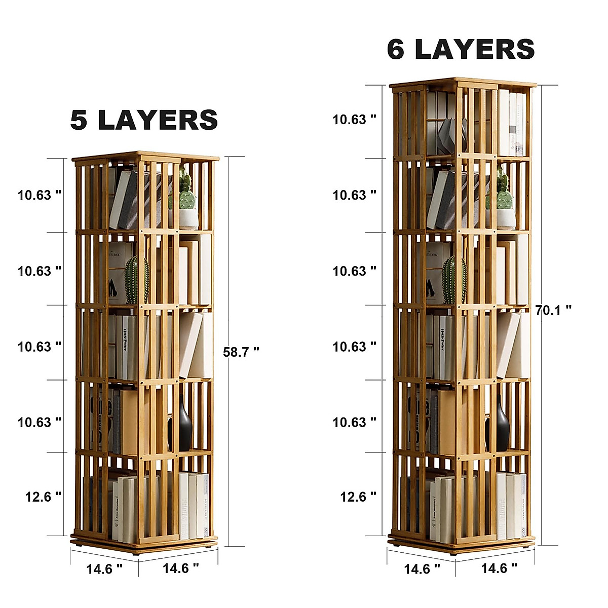 YOWOS Rotating Bookshelf Tower, 360 Display Spinning Bookshelf, Bamboo Bookshelf Floor Standing Storage Rack, Wood Narrow Book Shelf Organizer for Kids&Adults, Natural 6 Tier