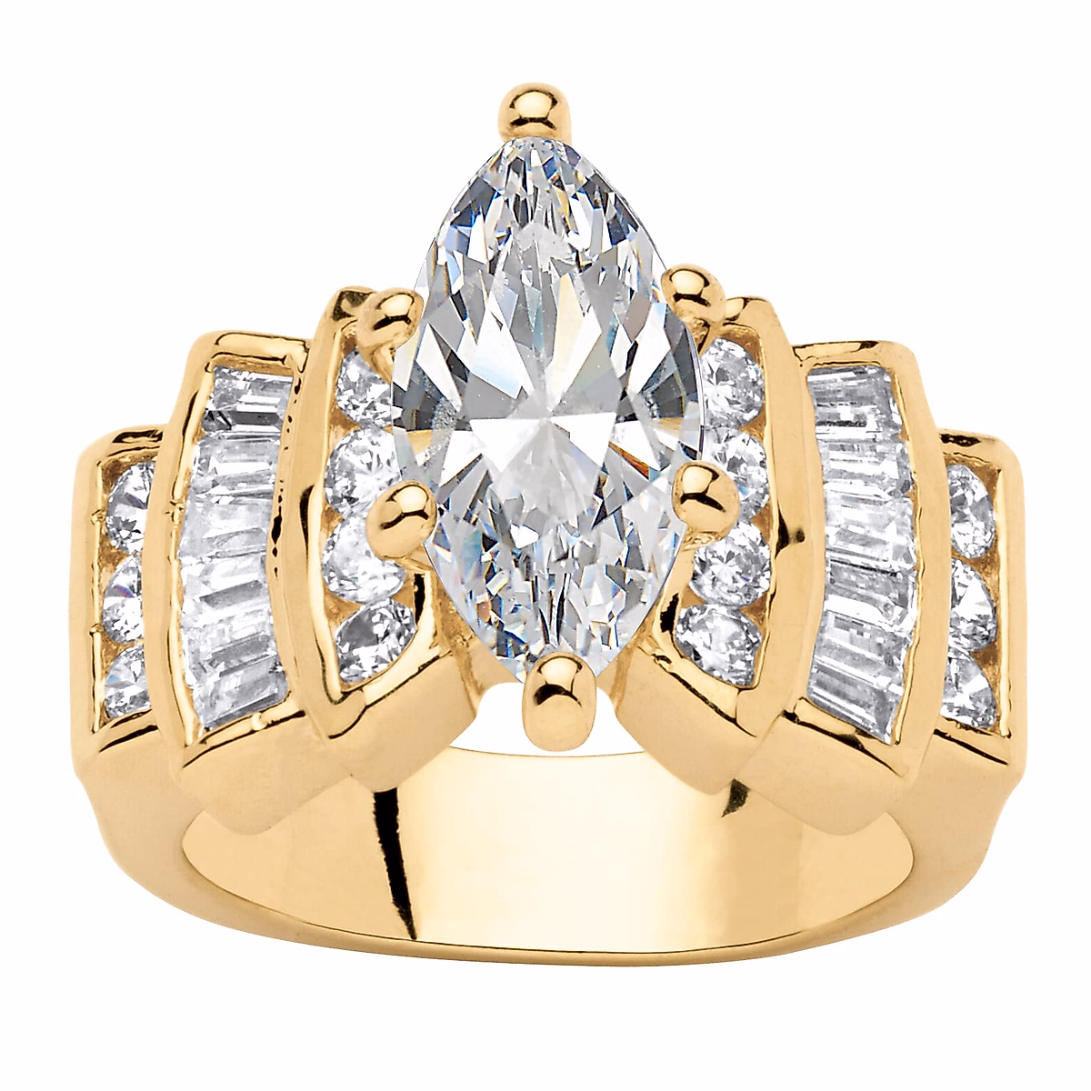 PalmBeach Yellow Gold-Plated or Silvertone Marquise Cut Cubic Zirconia Step Top Engagement Ring Size 9