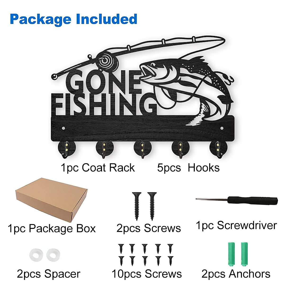 MAYJOYDIY Wood Gone Fishing Coat Rack Wall Mount Fishing Rod Key Holder for Wall 11.8×7.9inch Black Lake Fish Key Rack Hangers 5 Alloy Hooks Wall Art Decor for Entryway Front Door Fishing Lover Gift