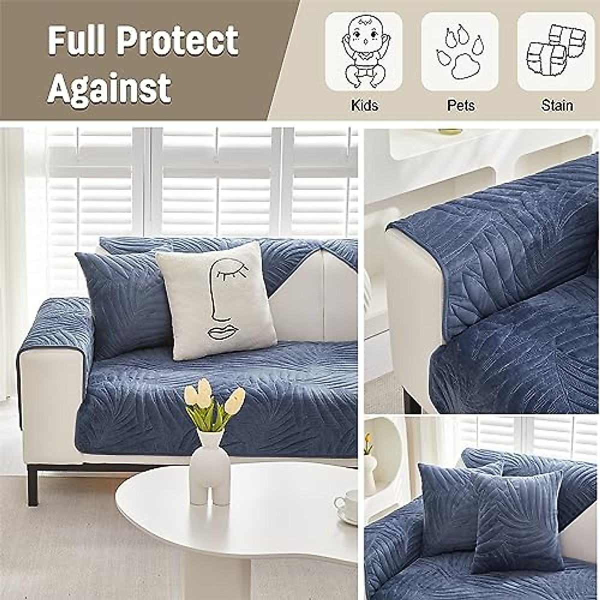 EXTLEZSA Velvet Sofa Slipcover Corner 3/2/1/4 Seater L Shape Embroidered Sofa Protector Thick Furniture Protector for Dogs Cats Kids (Navy Blue,30 * 50cm)
