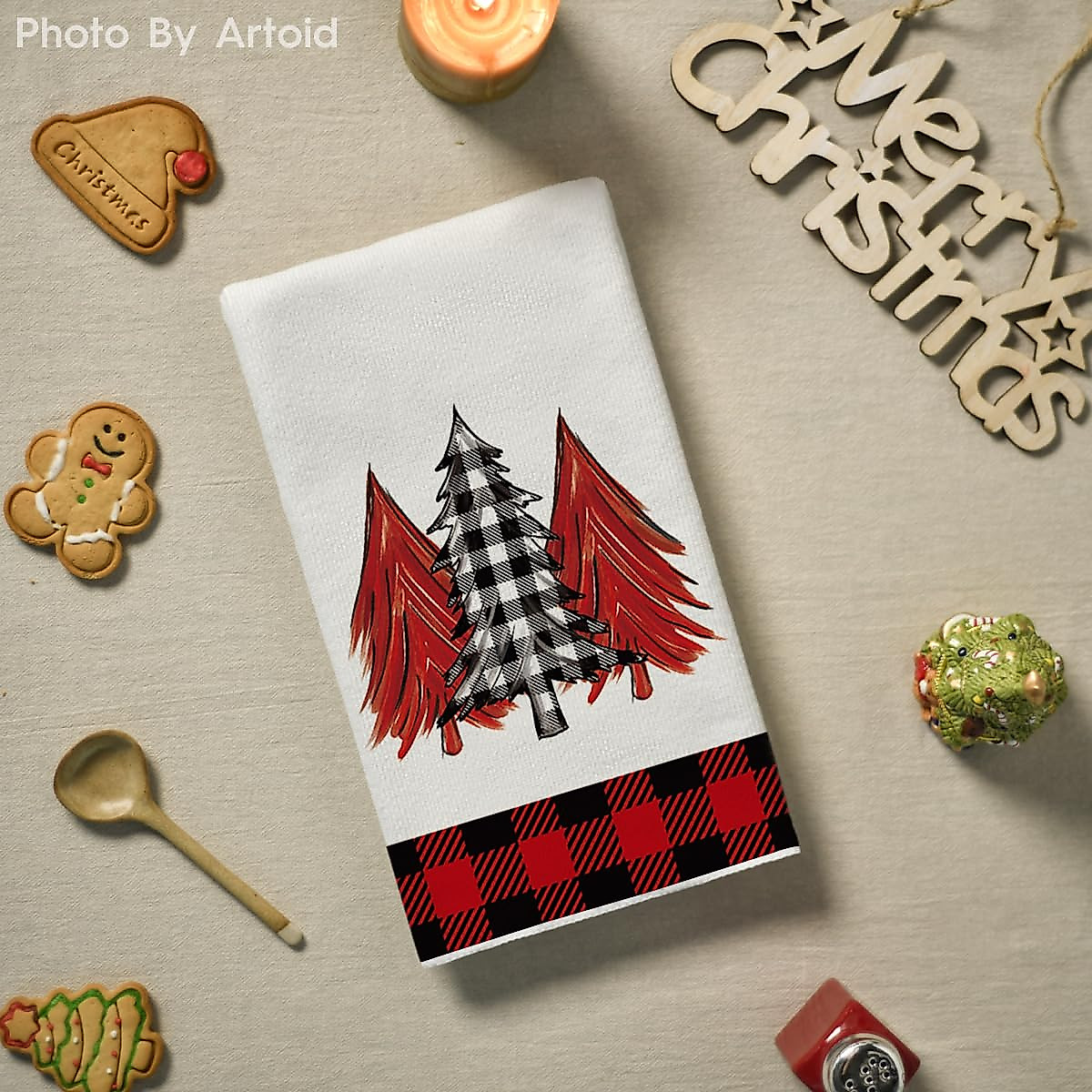 Artoid Mode Red Buffalo Plaid Xmas Trees Joy Christmas Kitchen Towels Dish Towels, 18x26 Inch Daily Winter Decoration Hand Towels Set of 2